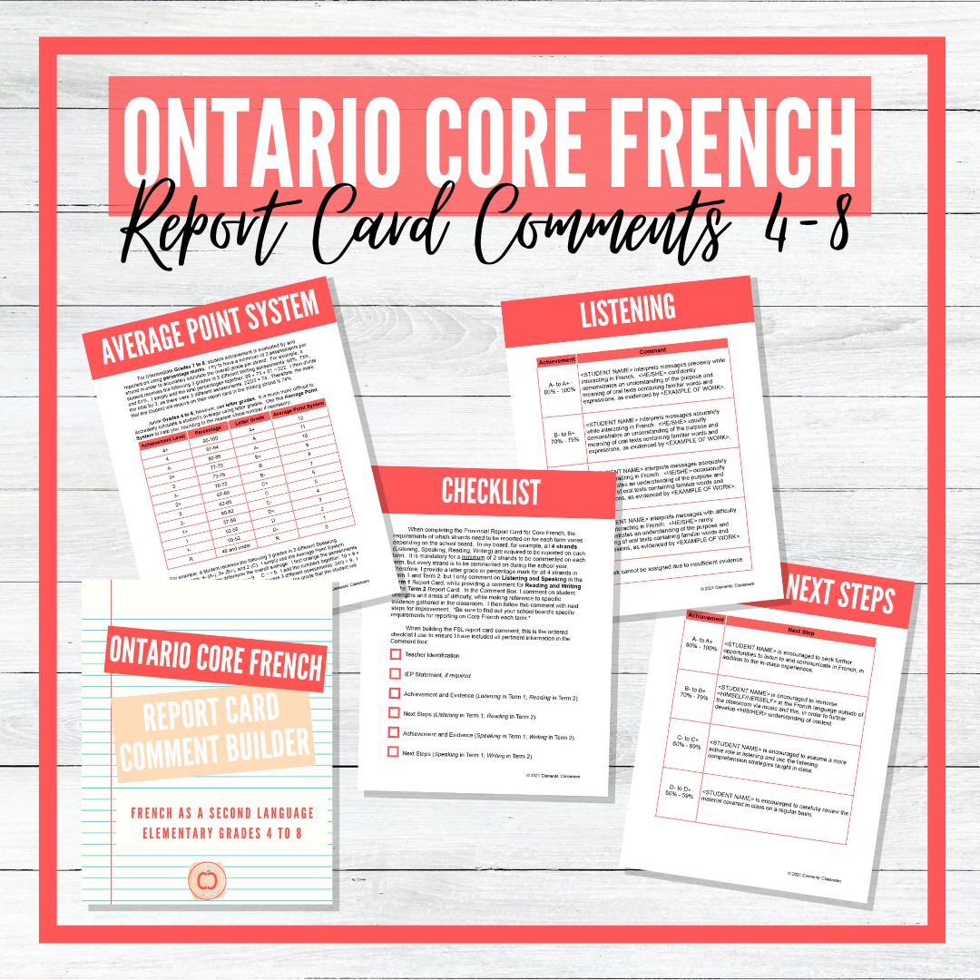 Ontario CORE FRENCH Report Card Comment Builder - FSL Elementary Grade ...